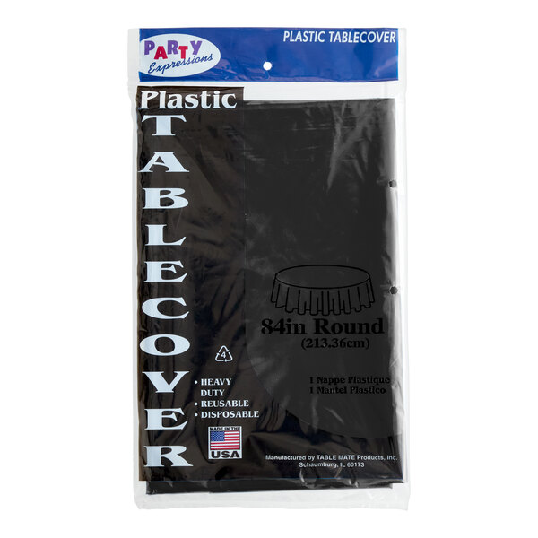 Table Mate 84" Black Round Plastic Table Cover - 24/Case