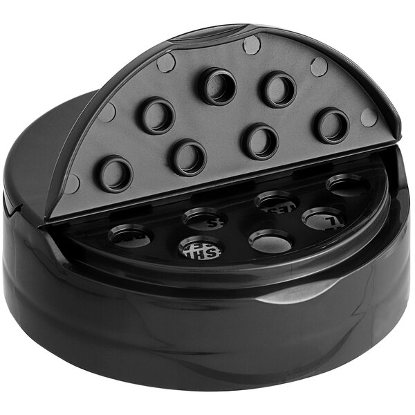 63/485 Black Dual-Flapper Induction-Lined Spice Lid with 7 Holes - 100/Pack