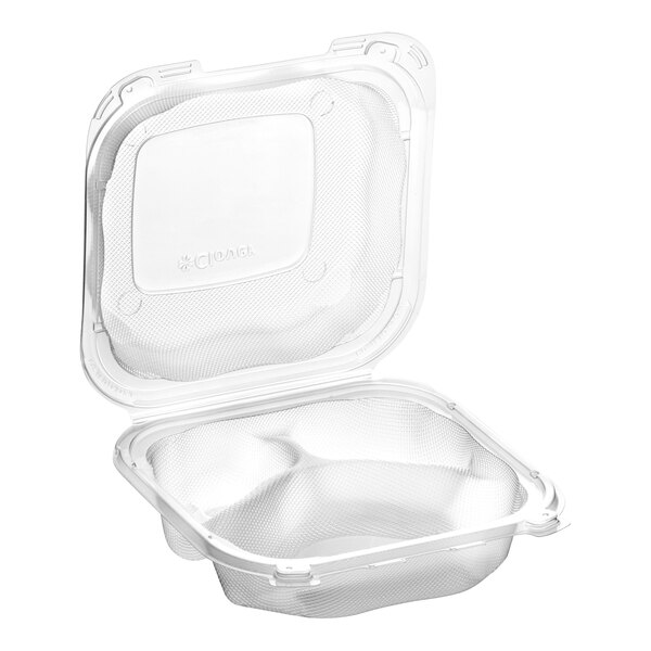 Genpak Clover 7 1/2" x 7 1/2" x 3" Microwavable 3-Compartment Clear ...