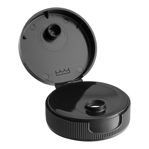 38/400 Black Plastic Flip Top Lid with Pressure Sensitive Liner - 100/Pack