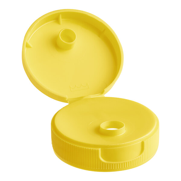 38/400 Yellow Plastic Flip Top Lid with Pressure Sensitive Liner - 100/Pack