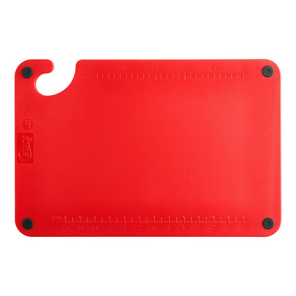 Choice 18" x 12" x 1/2" Red Cutting Board with Grips, Hook, and Rulers