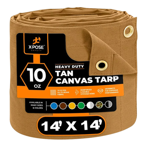 Xpose Safety 14' x 14' Tan Heavy-Duty Weatherproof 10 oz. Poly Canvas Tarp CTT10-1414
