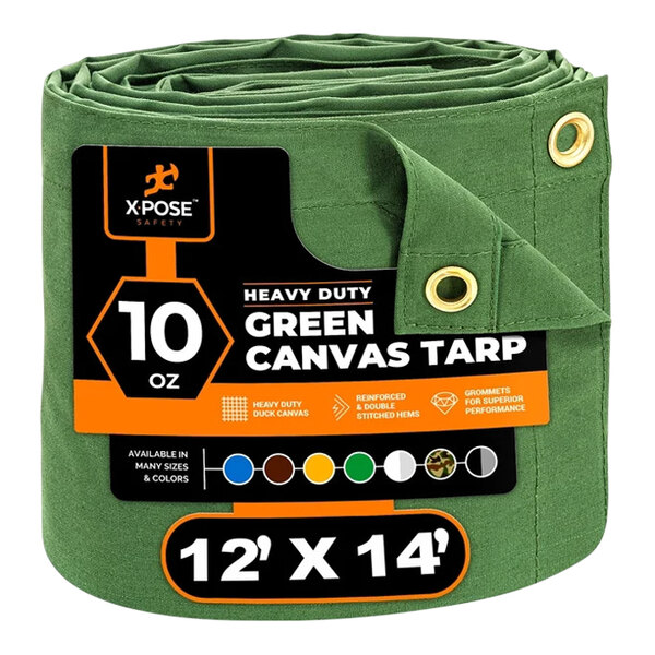 Xpose Safety 12' x 14' Green Heavy-Duty Weatherproof 10 oz. Poly Canvas ...