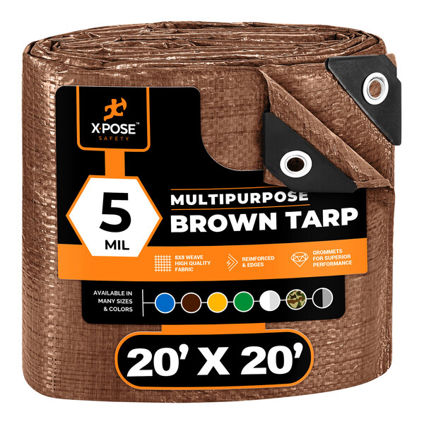 Xpose Safety 20' x 20' Brown Weather-Resistant 5 Mil Multipurpose Polyethylene Tarp BRT-2020-X