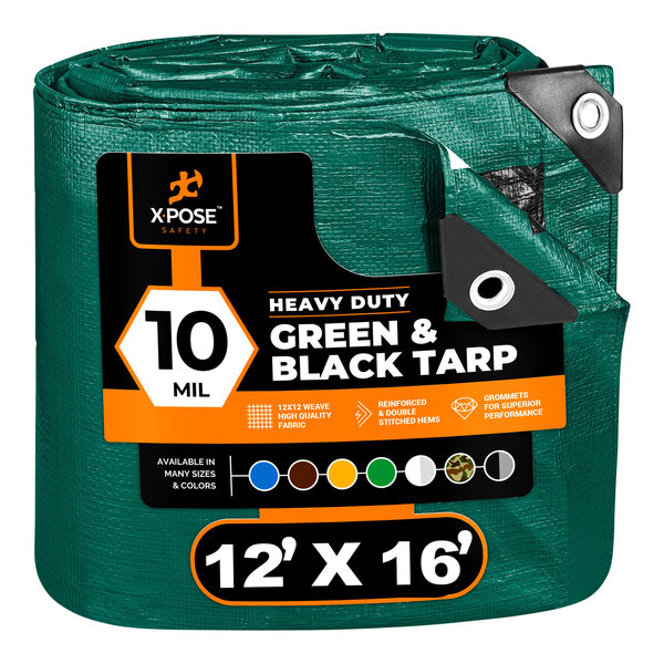 Xpose Safety 12' x 16' Green / Black Heavy-Duty Weatherproof 10 Mil ...