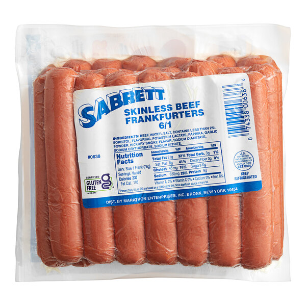Sabrett 6 3/8" 6/1 Skinless Beef Frank - 180/Case