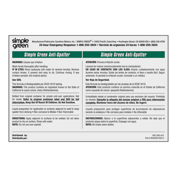 Simple Green 9510001000014 Anti-Spatter Solution Bilingual Secondary ...