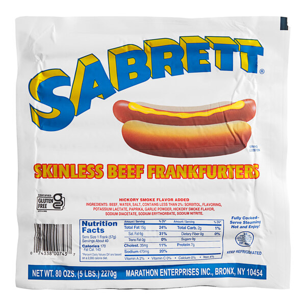 Sabrett 7 1/8" 8/1 Skinless Beef Frank - 40/Pack