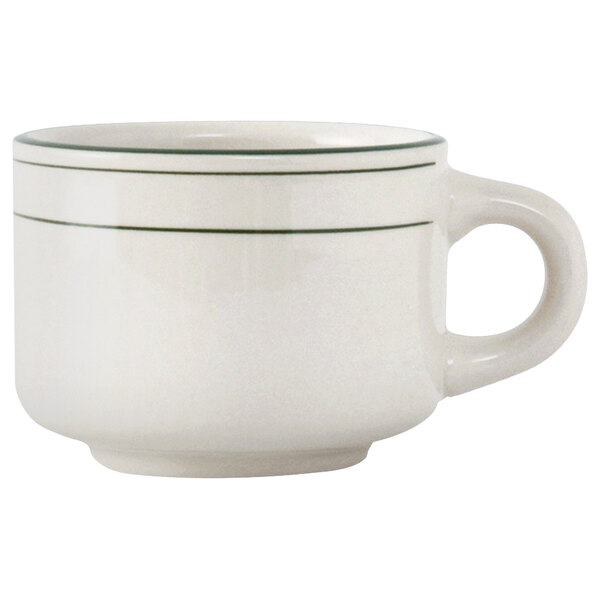 Tuxton TGB-023 Green Bay 7 oz. Eggshell China Stackable Cup / Mug with Green Bands - 36/Case
