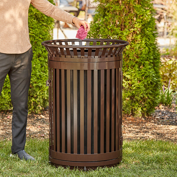 Lancaster Table & Seating 45 Gallon Heavy-Duty Round Brown Steel Slatted Outdoor Trash Can with ...
