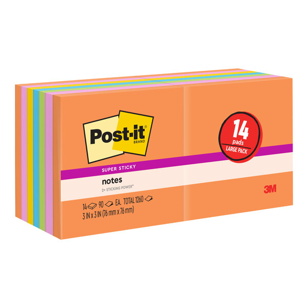 3M Post-It® 3" x 3" Energy Boost Collection 90 Sheet Assorted Bright ...