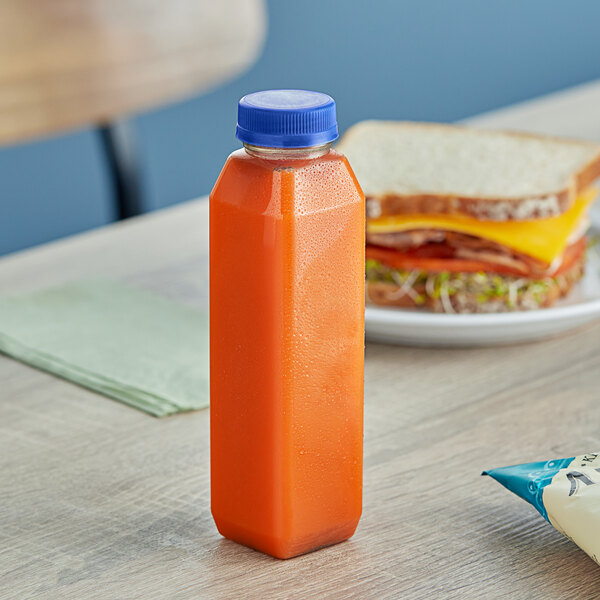12 oz. Tall Square rPET Clear Juice Bottle with Blue Lid - 228/Case