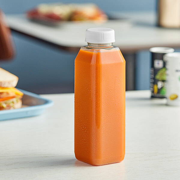 16 oz. Tall Square rPET Clear Juice Bottle with White Lid - 160/Case