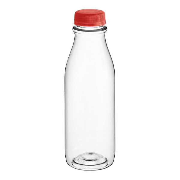 16 oz. Round PET Clear Carafe Juice Bottle with Red Lid - 145/Case