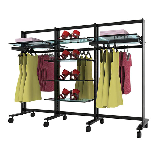 UDIZINE Vertik 78" x 56" Black Mobile 3-Section 2-Way Retail Clothing ...