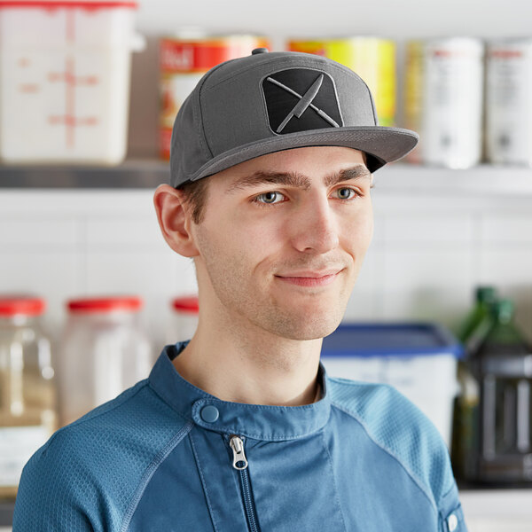 Mercer Culinary Gray 5 Panel Cap with Knife and Steel Logo Patch