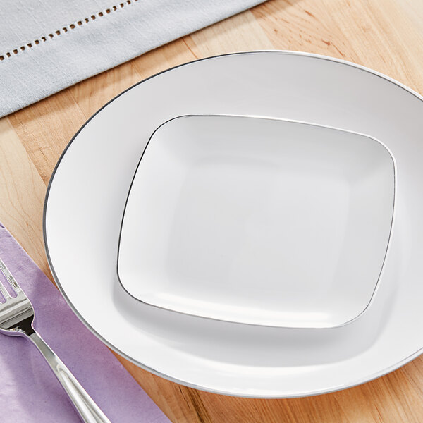 Visions 6" White Square Plastic Coupe Plate with Silver Band - 10/Pack