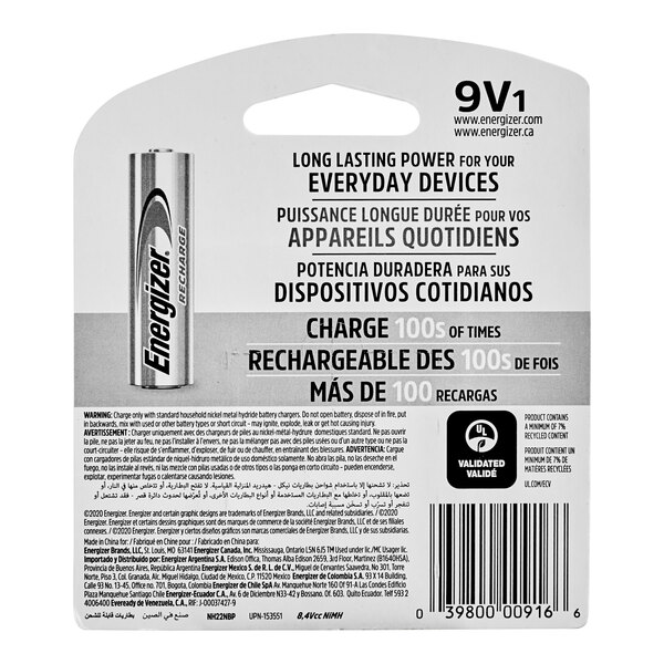 Energizer Recharge 9V NiMH Rechargeable Battery NH22NBP