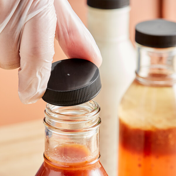 38/400 Black Ribbed Continuous Thread Lid with Induction Liner - 100/Pack