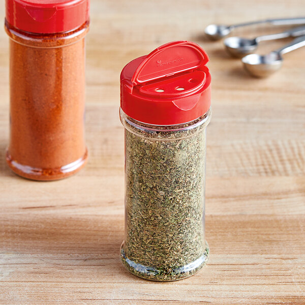 8.4 oz. Round Plastic Spice Container and 53/485 Red Induction-Lined ...