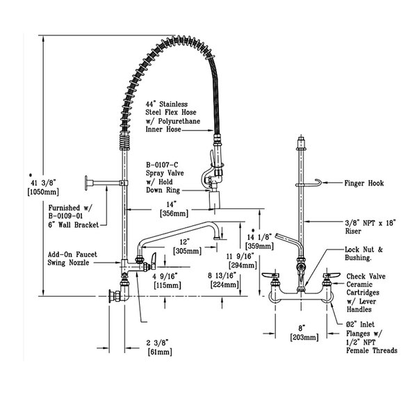 T&S B-0133-12-CR-BC EasyInstall Wall Mounted 41 1/2" High Pre-Rinse ...