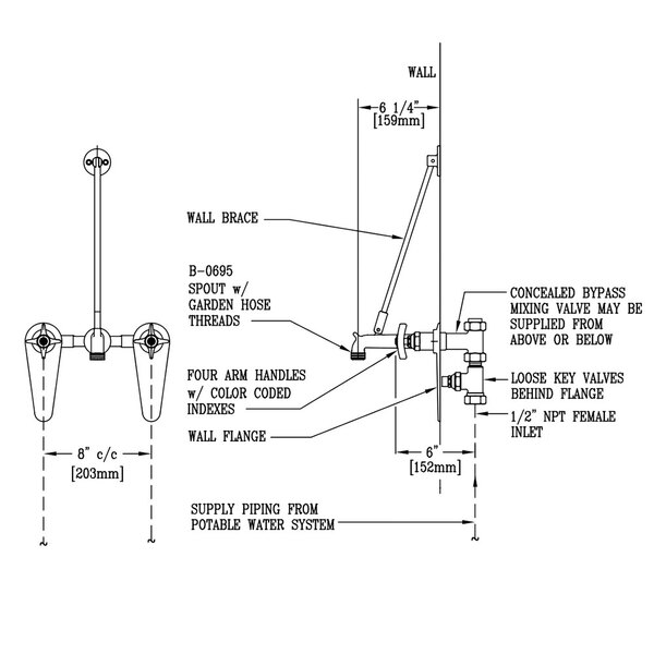 T&S B-0697-ST Wall Mount Service Sink Faucet with 8" Centers, 4 Arm ...