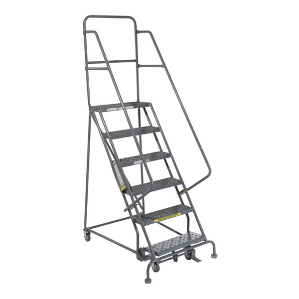 Tri-Arc 6-Step Steel Mobile Step Ladder with Handrails, Serrated Tread ...