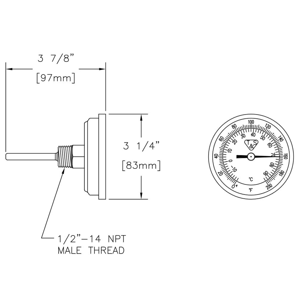 T&S 003799-45 4" 0 to 200 Degrees Fahrenheit Thermometer with 1/2"-14 ...