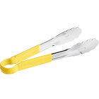 Choice 9 1/2" Yellow Coated Handle Stainless Steel Scalloped Tongs